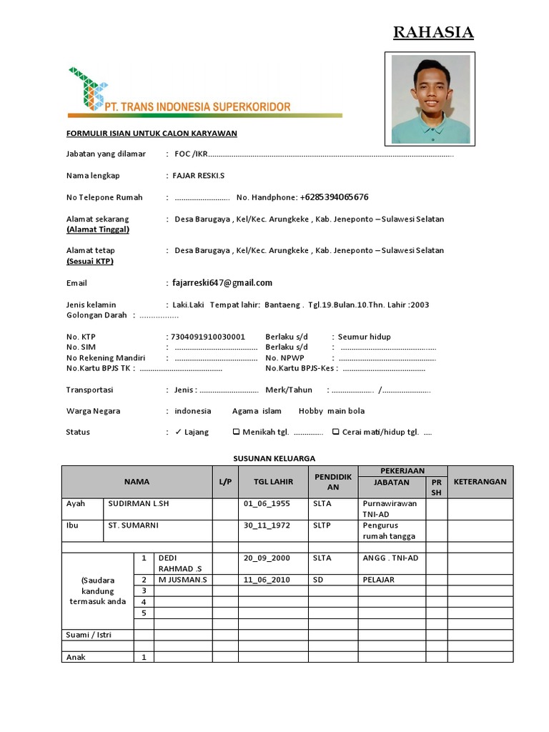 Form Isian Calon Karyawan - FAJAR RESKI.S | PDF