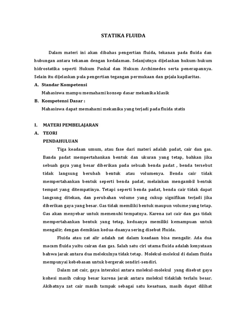 Statika Fluida: Tekanan dan Hukum Hydrostatika | PDF