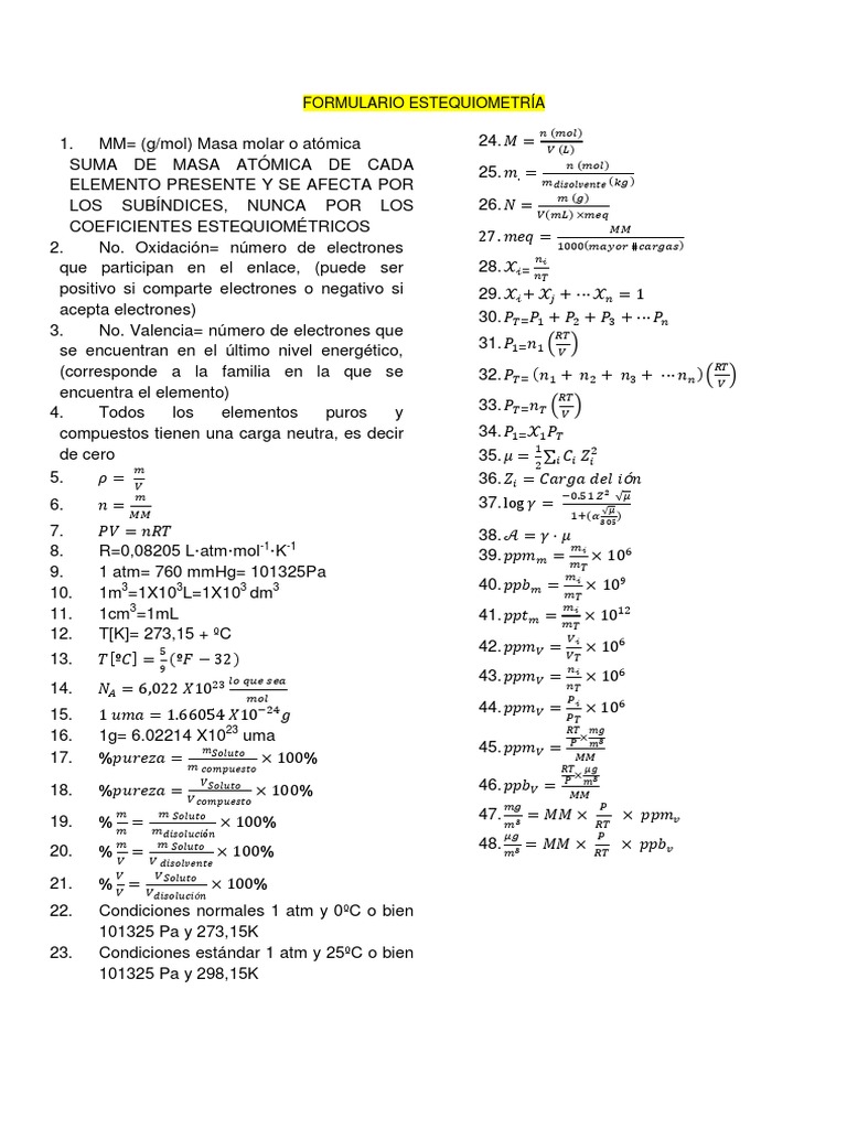 Formulario de Estequiometria | PDF | Estequiometría | Ingeniería de ...