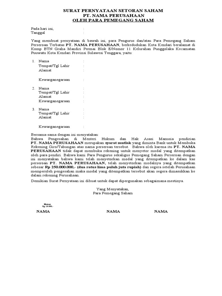 Surat Pernyataan Setoran Saham - 013834 | PDF