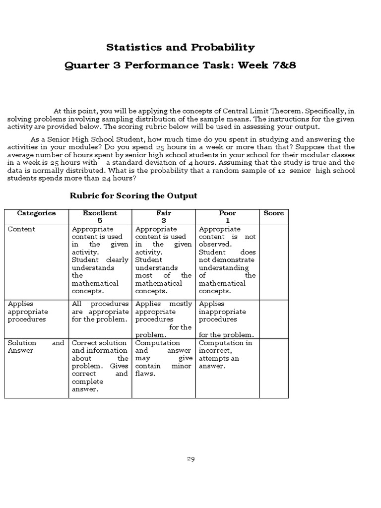 Statistics and Probability Quarter 3 Performance Task: Week 7&8 | PDF ...