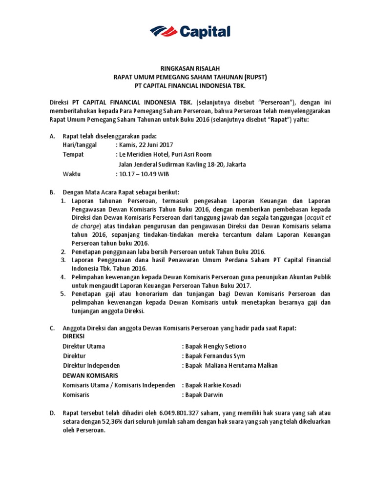 Ringkasan Risalah Rapat Umum Pemegang Saham Tahunan (Rupst) PT Capital Financial Indonesia TBK | PDF