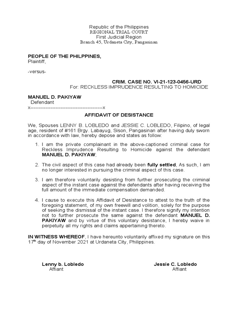 Affidavit-of-Desistance-RECKLESS IMPRUDENCE-HOMI | PDF