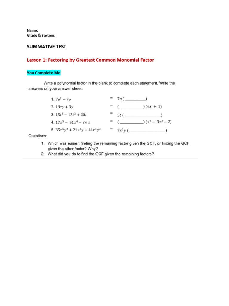 Summative Test: Lesson 1: Factoring by Greatest Common Monomial Factor ...