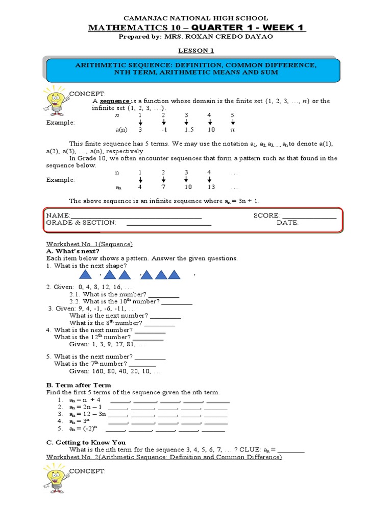 Mathematics 10 - : Quarter 1 - Week 1 | PDF | Numbers | Sequence
