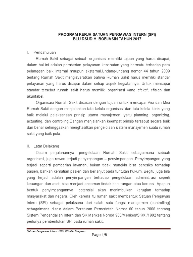 Program Kerja SPI RSUD Boejasin 2017 | PDF | Pengelolaan Keuangan & Uang