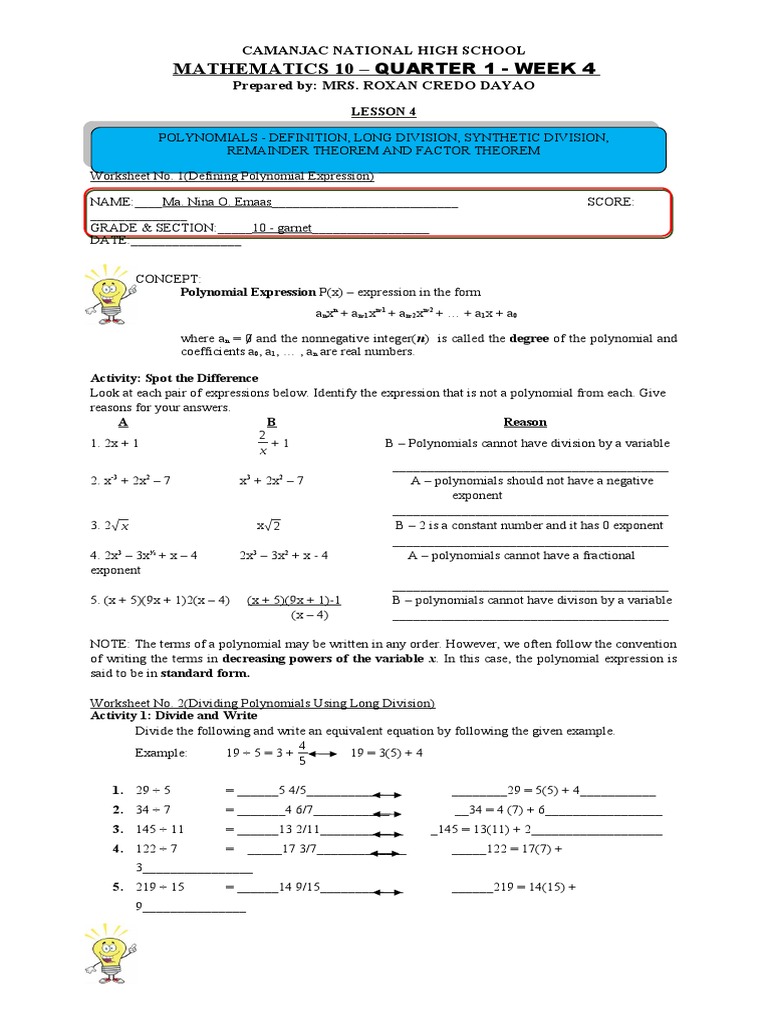 Mathematics 10 - : Quarter 1 - Week 4 | PDF | Division (Mathematics) | Factorization