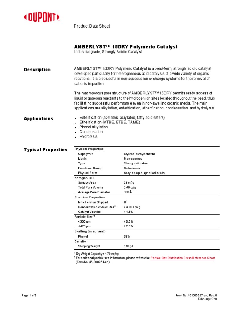 AMBERLYST™ 15DRY Polymeric Catalyst: Product Data Sheet | PDF | Catalysis | Ester