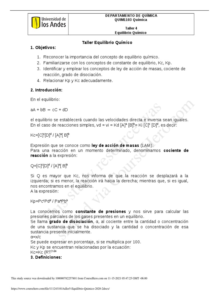 Taller5 Equilibrio Qui Mico 2020 2 | PDF | Equilibrio químico | Solubilidad