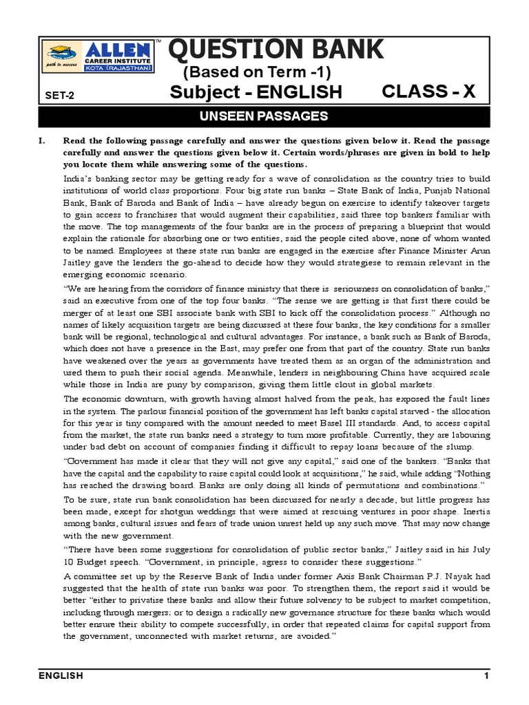 Question Bank: Subject - ENGLISH Class - X | PDF | Single Parent | Banks