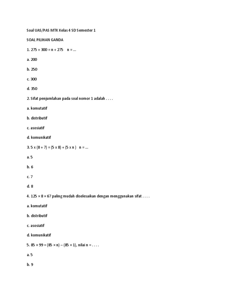 Soal UAS Matematika Kls 4 | PDF