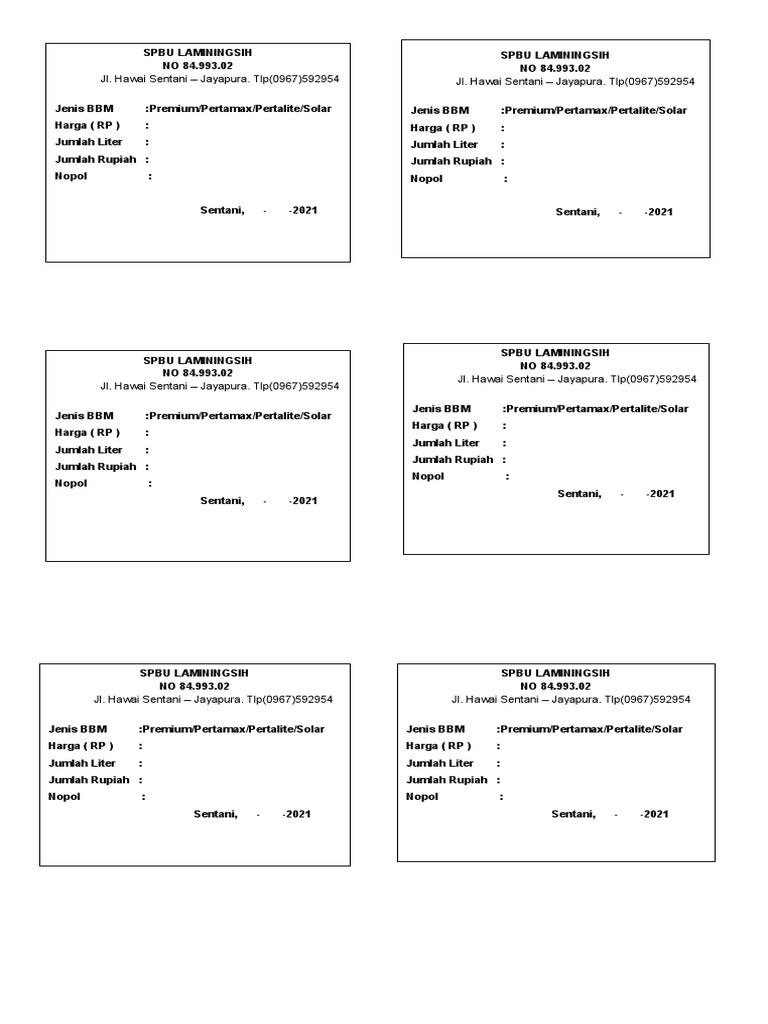 Invoice Form for SPBU LAMININGSIH Fuel Station | PDF