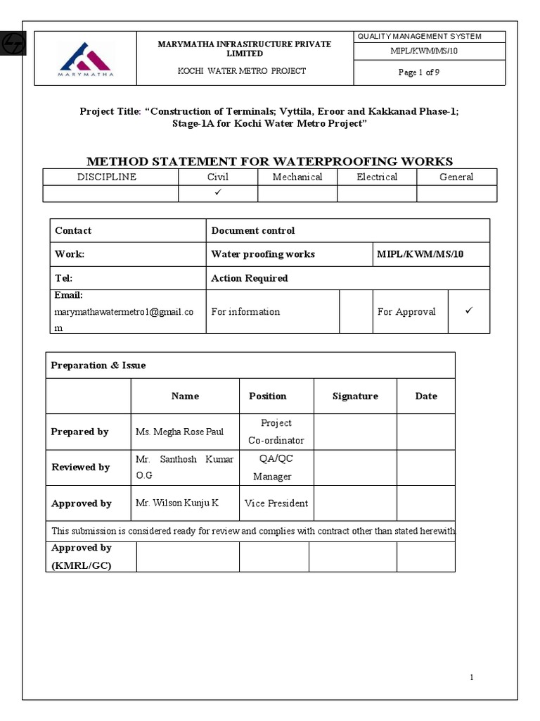 Waterproofing Method Statement for Kochi Metro | PDF | Materials