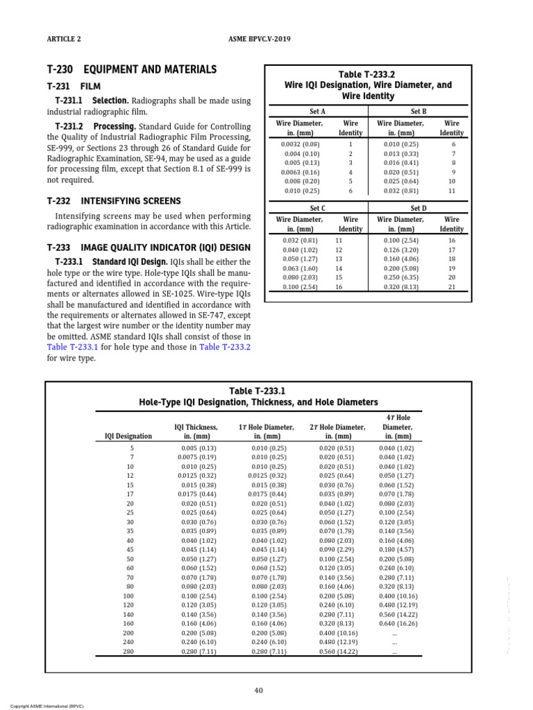 T-230 Equipment and Materials: T-231 Film Table T-233.2 Wire IQI ...