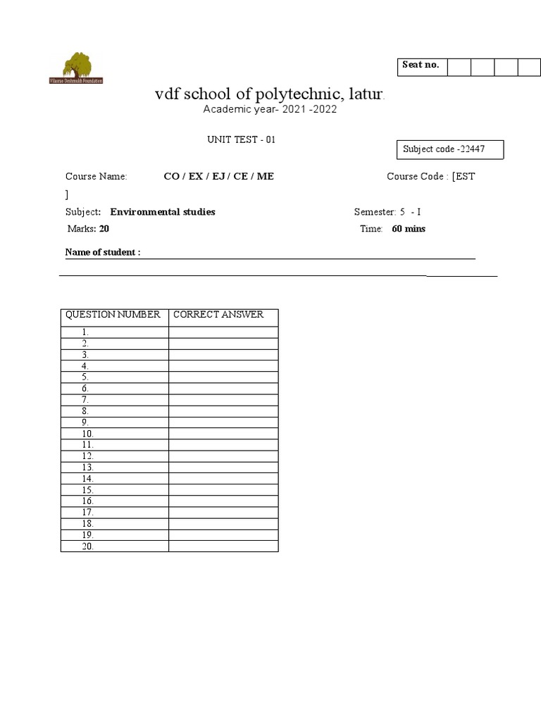 Unit Test, 1 - EST - ANSWER SHEET | PDF