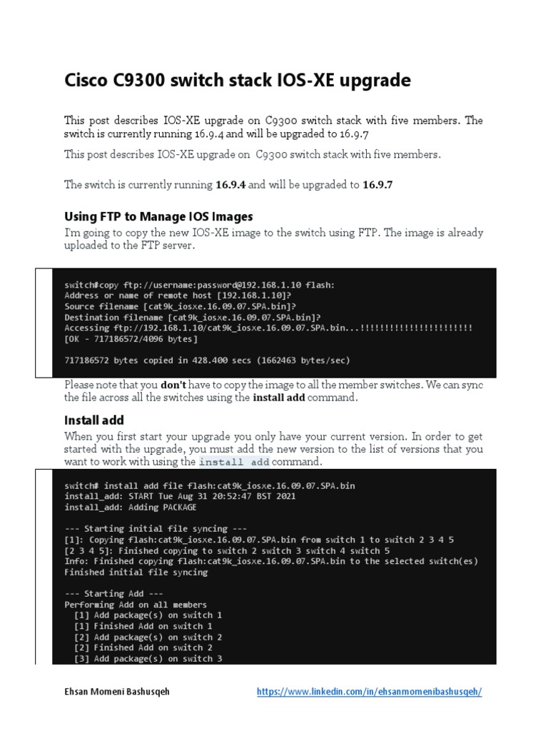 Cisco C9300 Switch Stack IOS-XE Upgrade | PDF | File Transfer Protocol | Software Engineering
