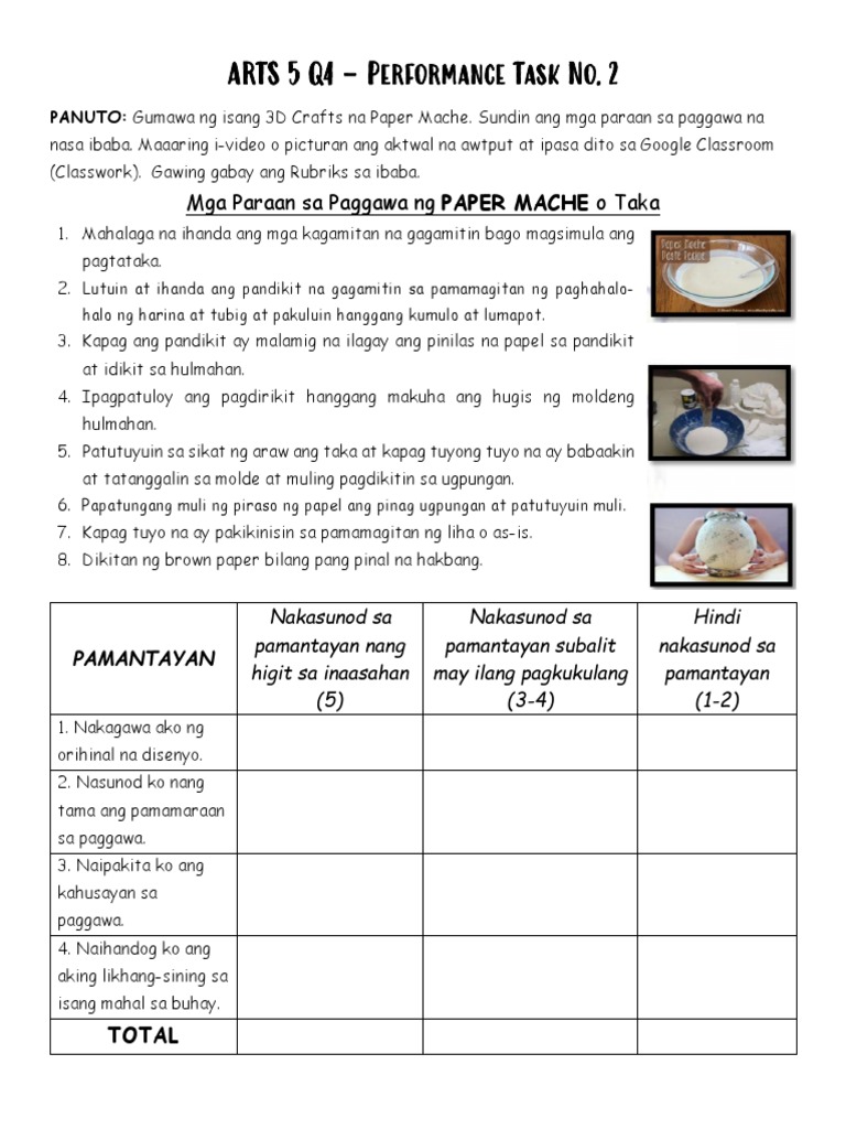 ARTS 5 Q4 - Performance Task No. 2 - PAPER MACHE | PDF