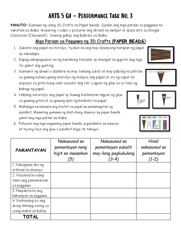 ARTS 5 Q4 - Performance Task No. 3 - PAPER BEADS | PDF