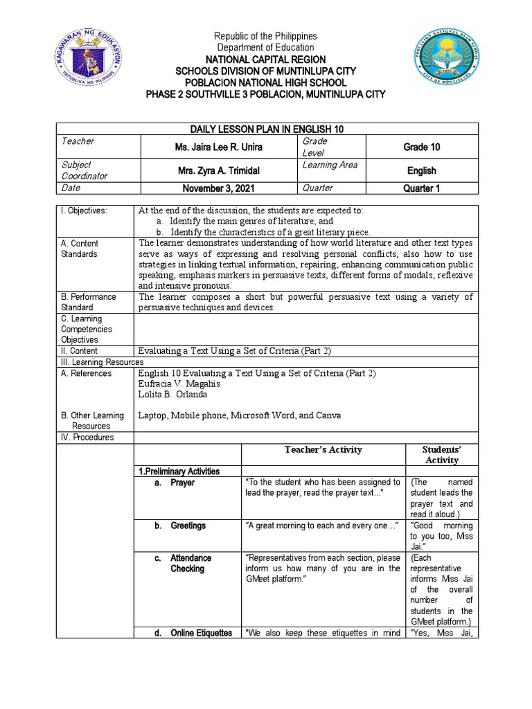 DLP - Evaluating Text Using A Set of Criteria (Part 2) | PDF | Lesson Plan