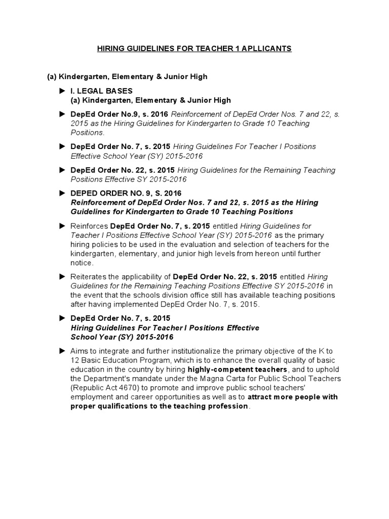 Hiring Guidelines for Teacher Applicants | PDF | Teachers | Bachelor's ...