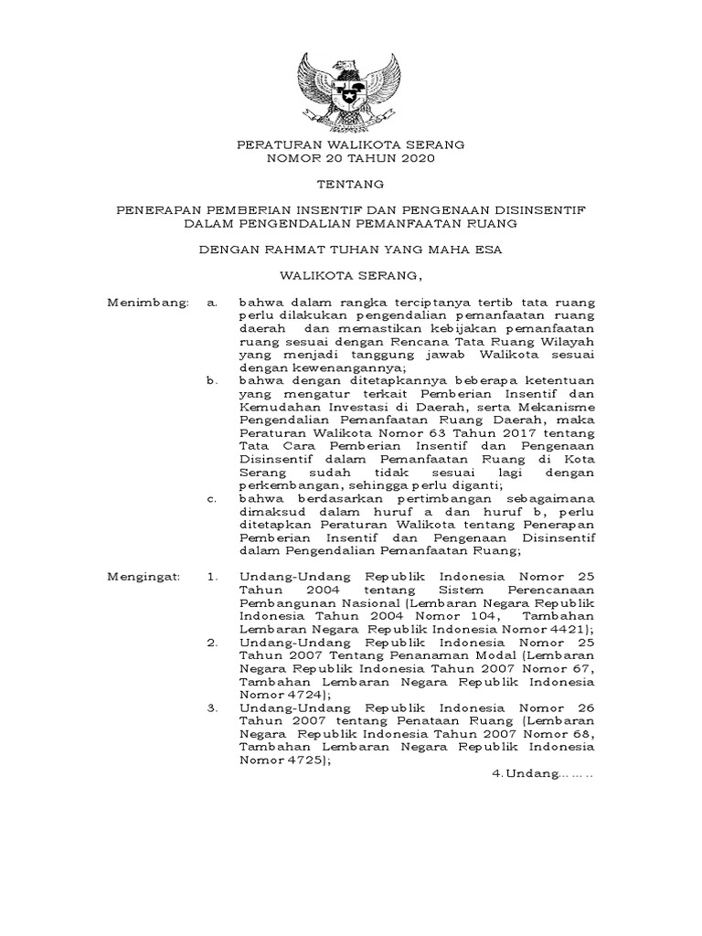 Perwal No 20 Tahun 2020 TTG Insentif & Disinsentif 2020 | PDF