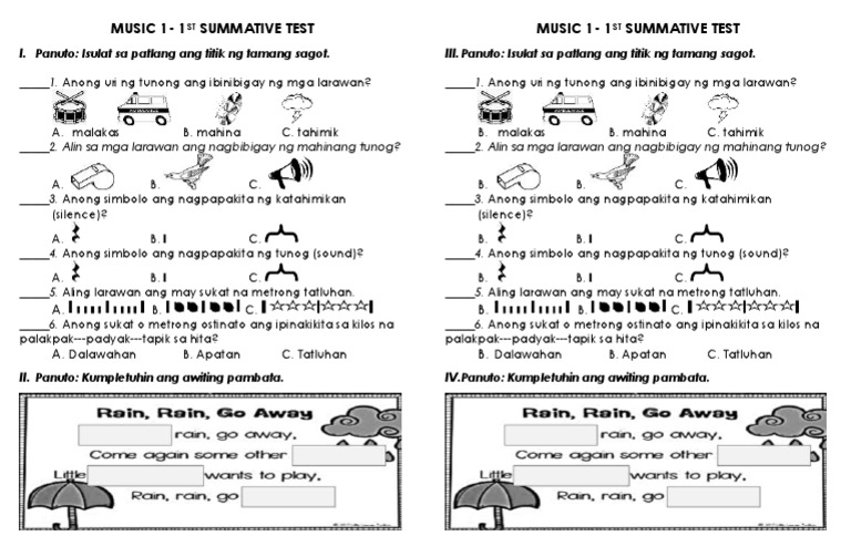 GRADE 1 - MUSIC 1 - Summative Test 1st Q | PDF