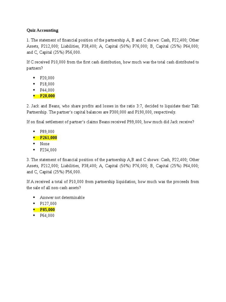 Quiz Accounting | PDF | Balance Sheet | Partnership