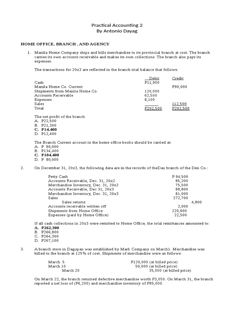 Practical Accounting 2 by Antonio Dayag: Home Office, Branch, and ...