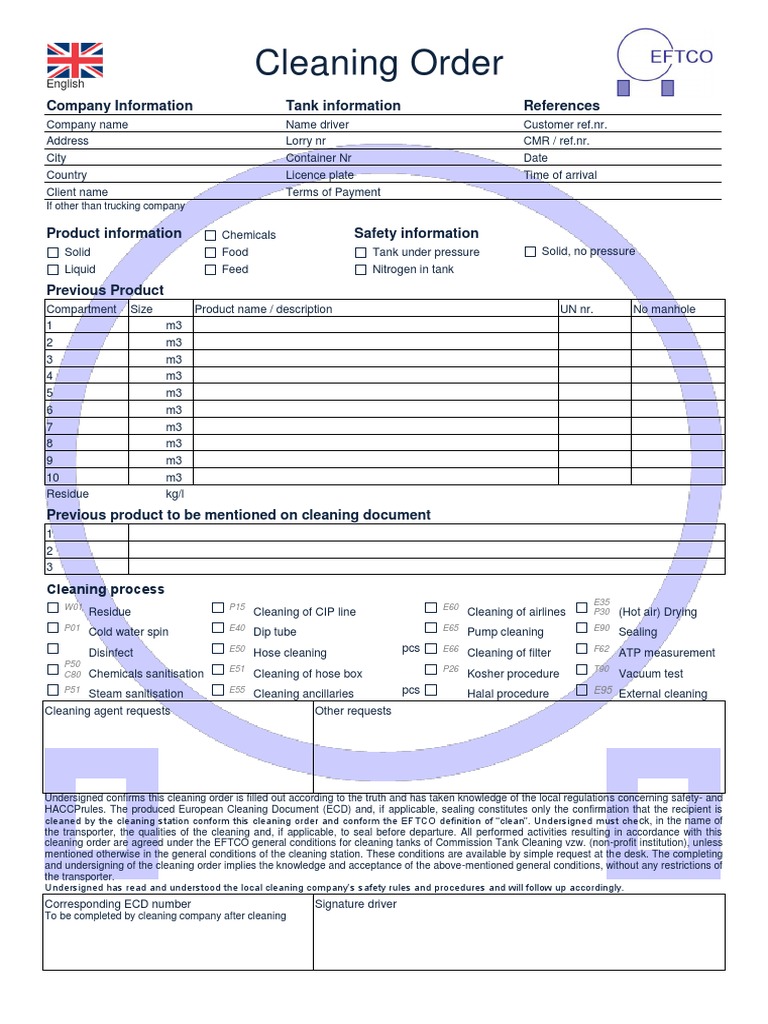 Eftco Cleaning Order en | PDF