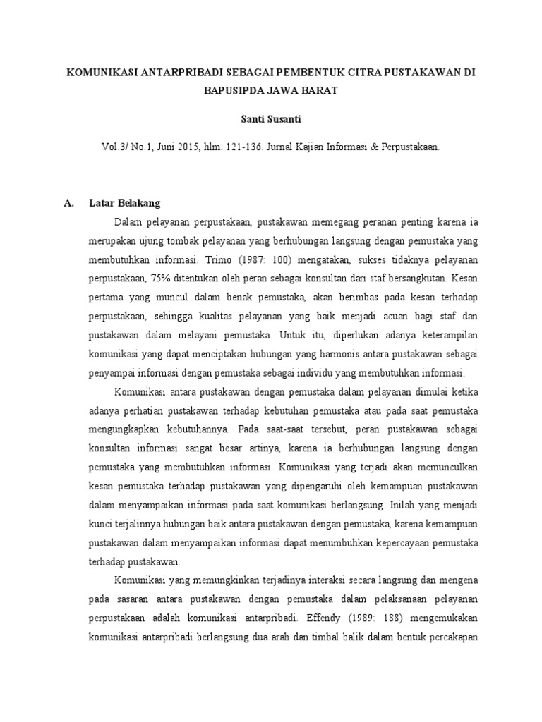 KOMUNIKASI ANTARPRIBADI SEBAGAI PEMBENTUK CITRA PUSTAKAWAN DI BAPUSIPDA ...