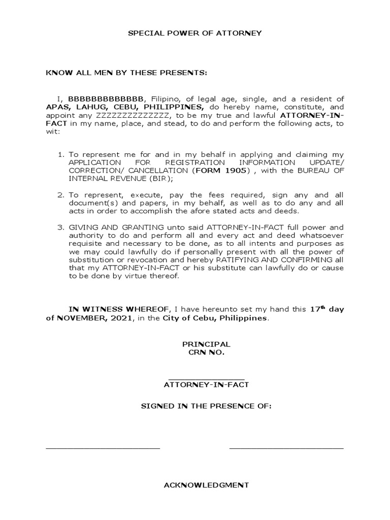 Special Power of Attorney Bir Form 1905 | PDF | Power Of Attorney ...