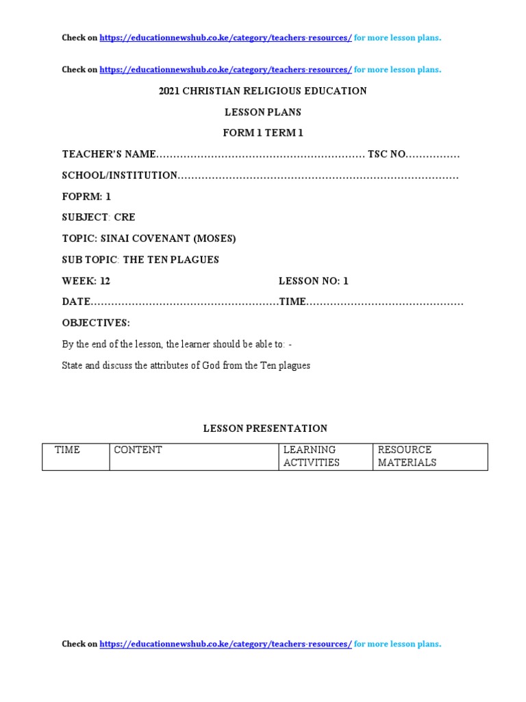 CRE Lesson Plans for Form 1 Term 1 | PDF | Lesson Plan | The Exodus