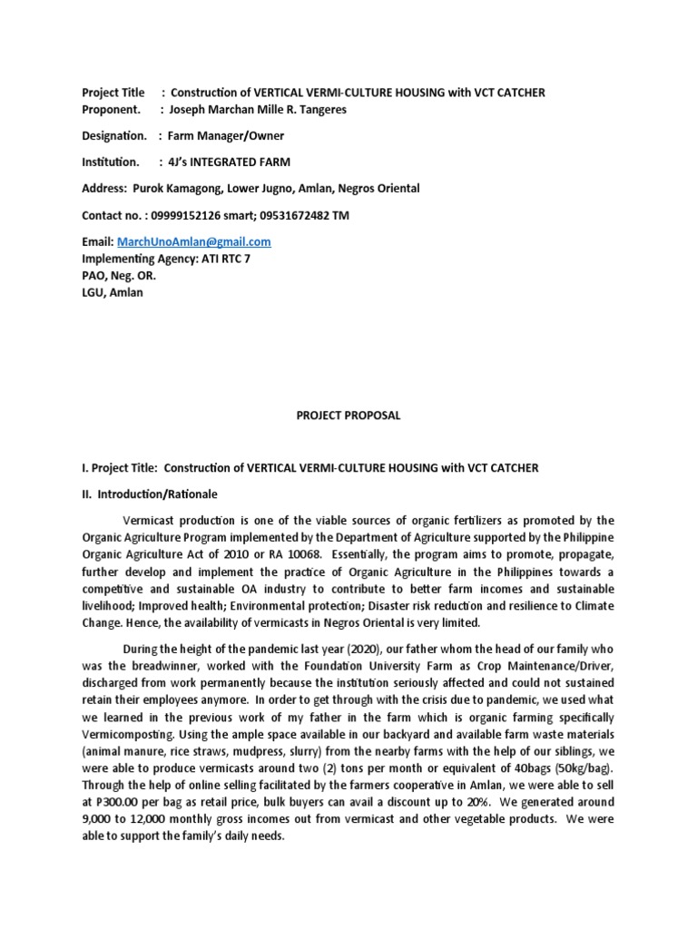 PROJECT PROPOSAL Vermicomposting | PDF | Organic Farming | Agriculture