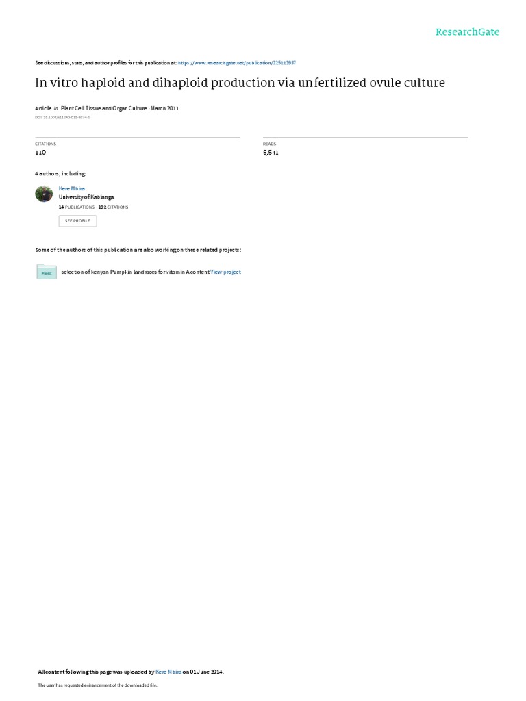 In Vitro Haploid and Dihaploid Production Via Unfertilized Ovule ...