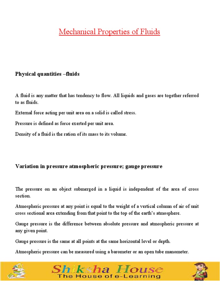 10 Mechanical Properties of Fluids | PDF | Pressure | Fluid Dynamics
