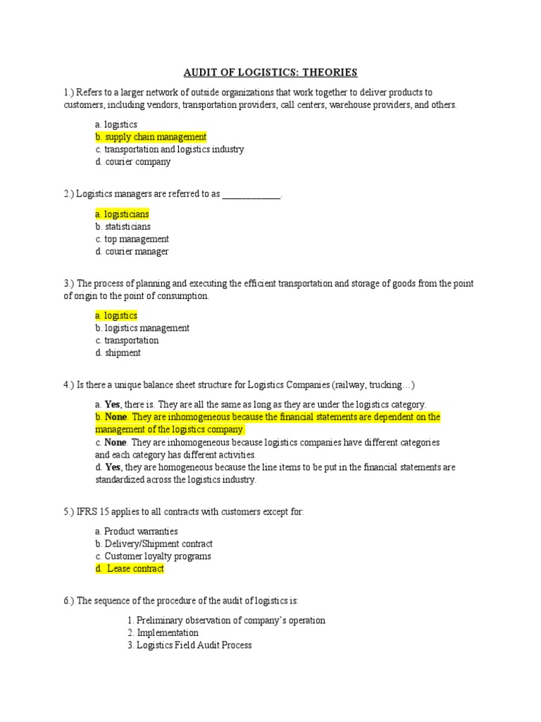 Audit of Logistics Quiz | PDF | Logistics | Business