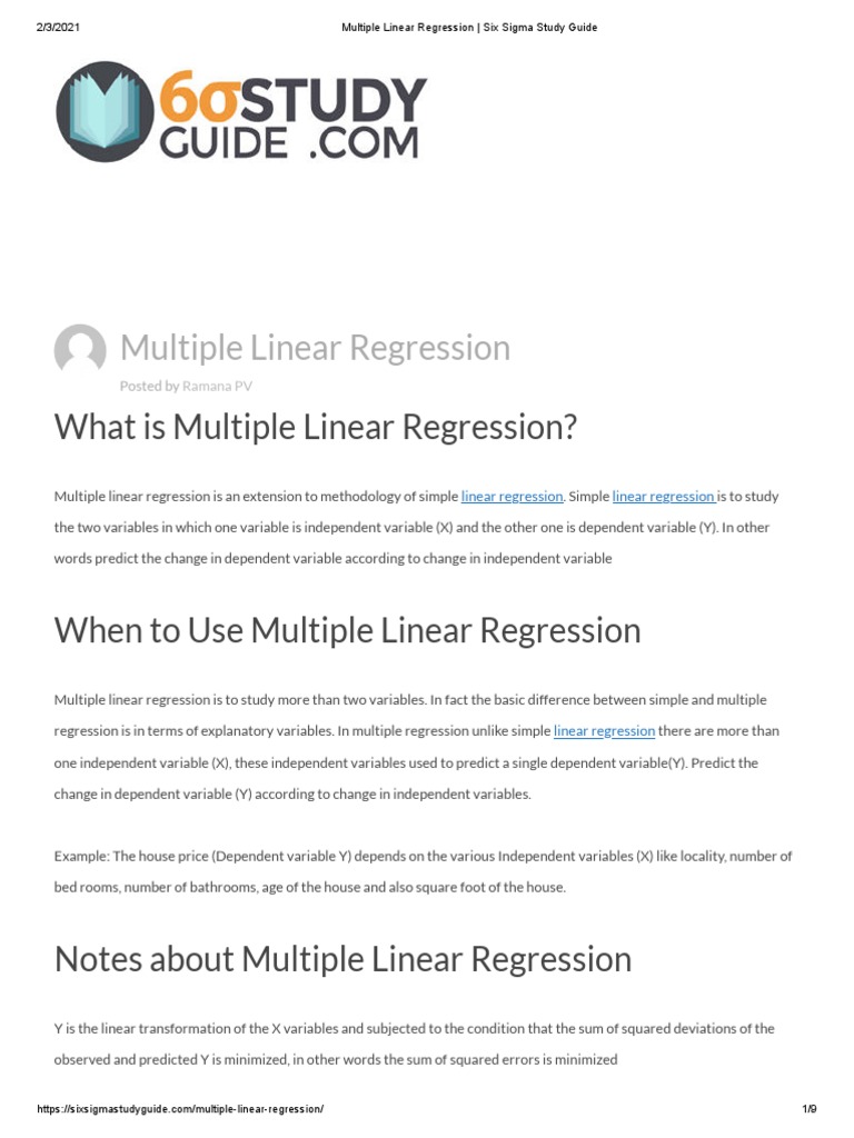 Multiple Linear Regression - Six Sigma Study Guide | PDF | Errors And Residuals | Linear Regression