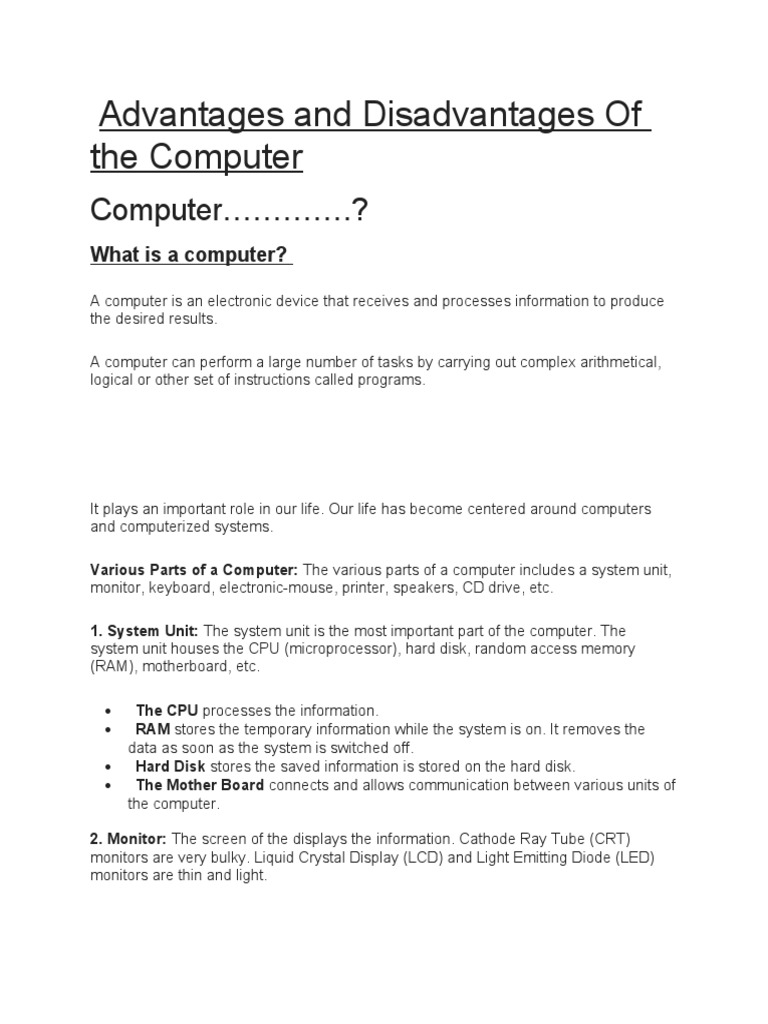 Advantages and Disadvantages of The Computer | PDF | Computer Monitor ...