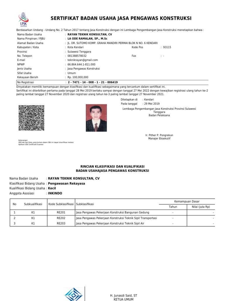 SBU CV Rayan Teknik - Jasa Supervisi 2019 | PDF