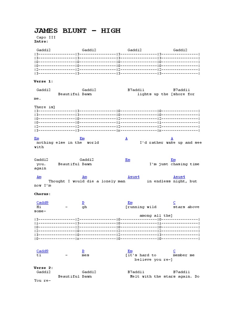 JAMES BLUNT - High (Chords) | PDF | Song Structure | Songs