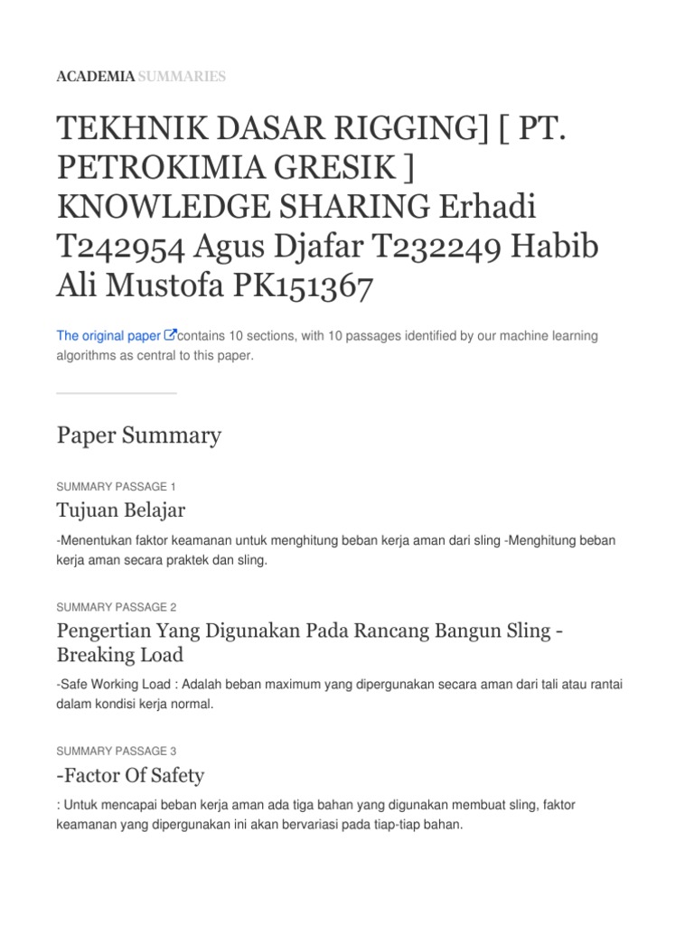Academia Summary - TEKHNIK DASAR RIGGING) (PT. PETROKIMIA GRESIK) KNOWLEDGE SHARING Erhadi ...