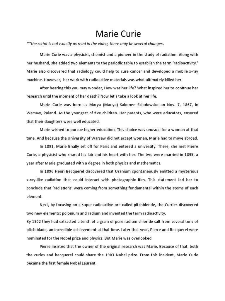 Script & Summary of Marie Curie | PDF | Marie Curie | Radioactive Decay