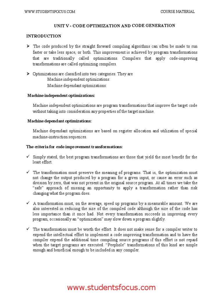 Unit V - Code Optimization and Code Generation: Course Material | PDF | Program Optimization ...