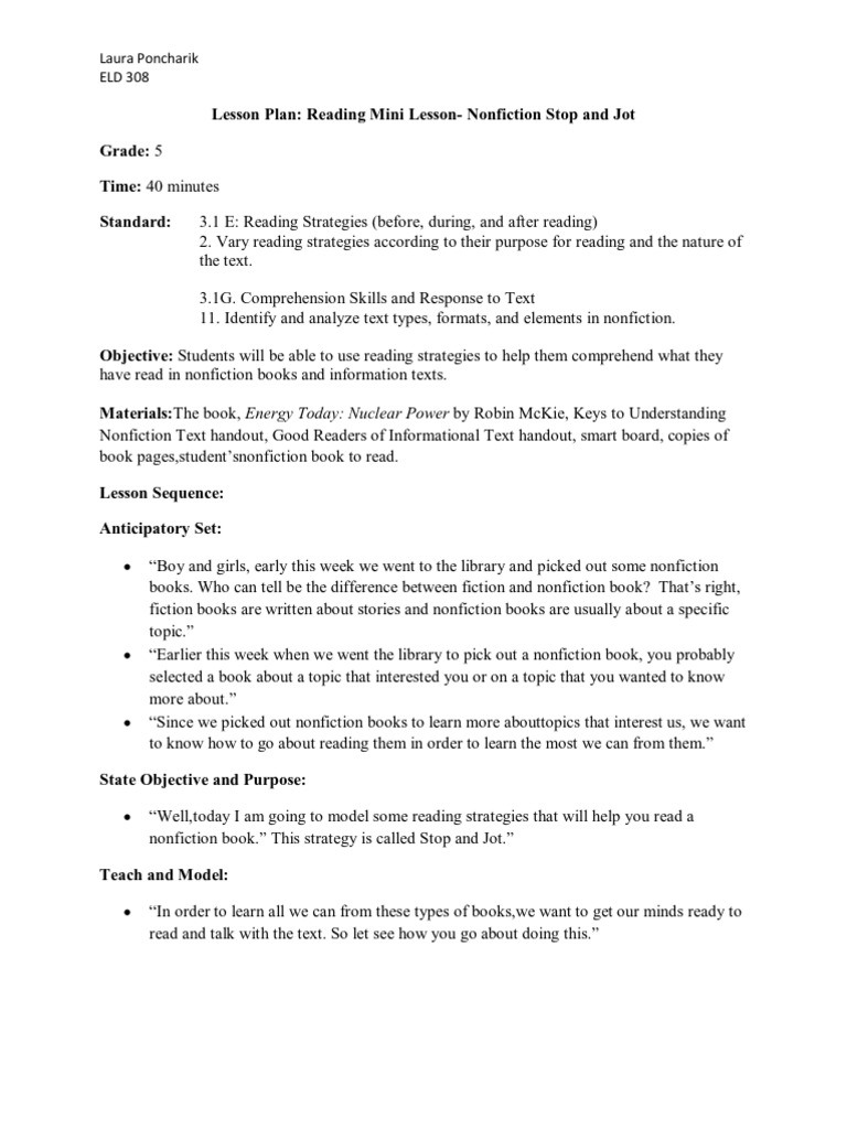 Reading - Lesson Plan - Non Fiction - Stop and Jot | PDF | Behavior ...