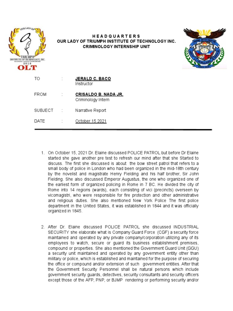October 15 Narrative Report | PDF | Security Guard | Police
