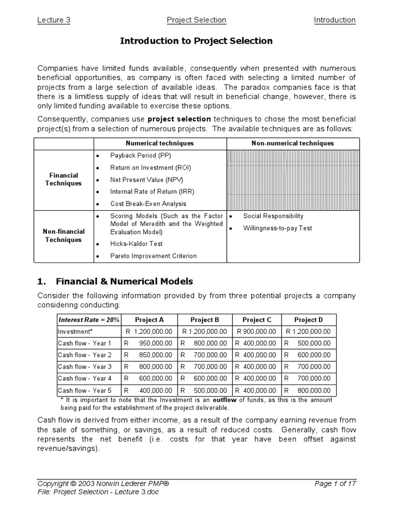 Introduction To Project Selection: Numerical Techniques Non-Numerical Techniques | PDF | Net ...
