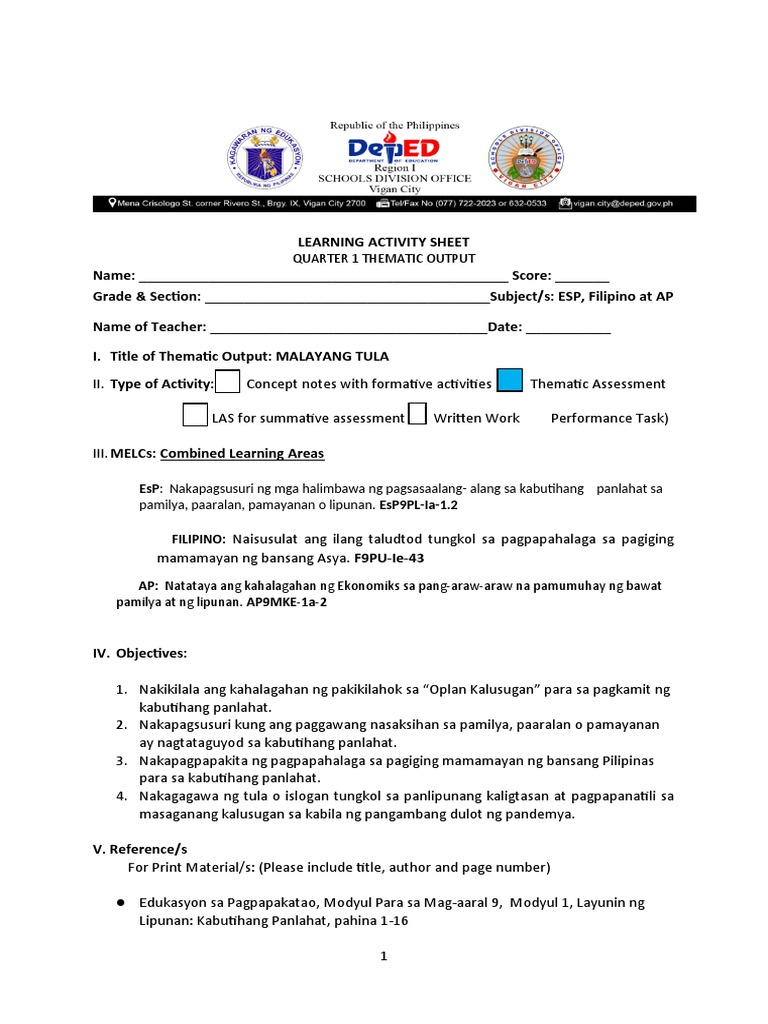 Thematic LAS Quarter 1 FEAP | PDF