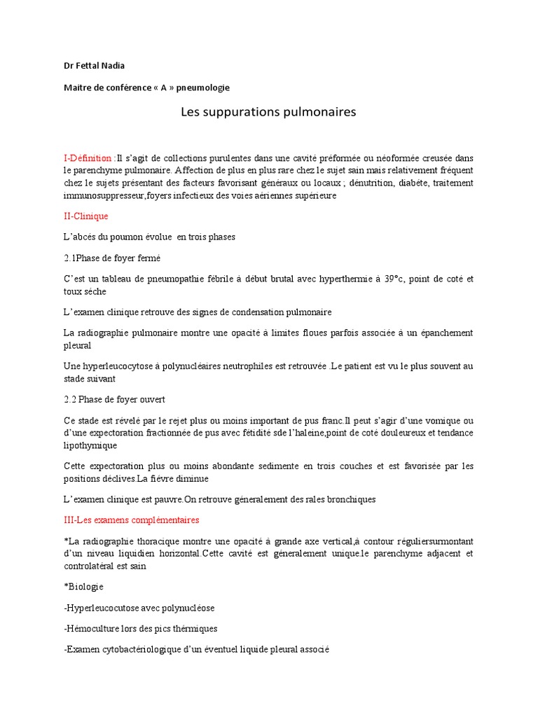 Suppurations Pulmonaires : Diagnostic et Traitement | PDF | Poumon ...
