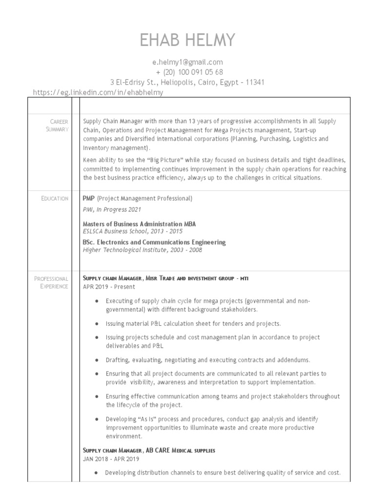 CV - Ehab Helmy - SCM&PM - April2021 | PDF | Supply Chain | Project Management