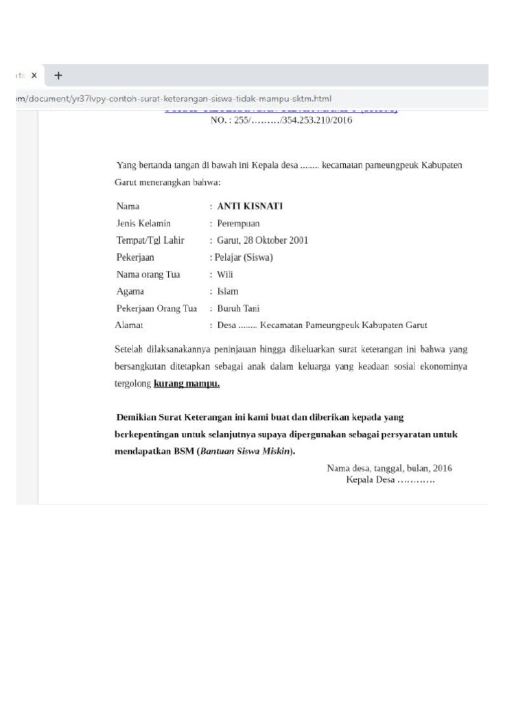 FORMAT SKTM Siswa | PDF